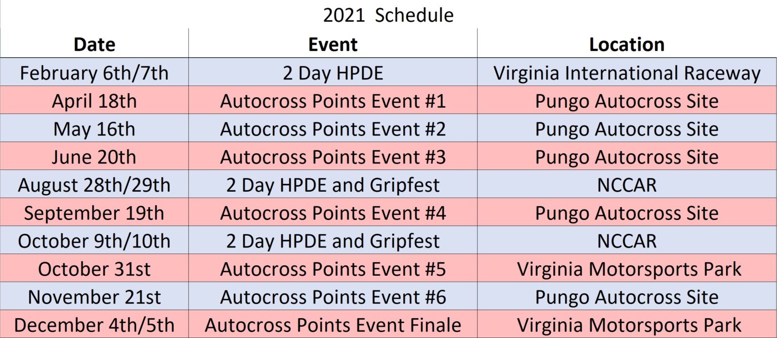 2021 Season Event Calendar | Tidewater Sports Car Club